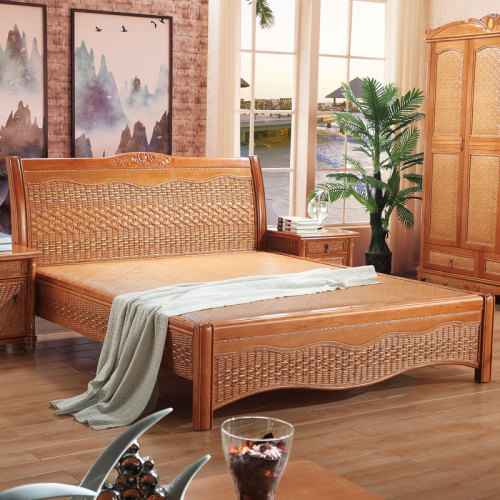Solid Wood Wicker Natural Rattan Double Bed, High Quality Solid Wood ...
