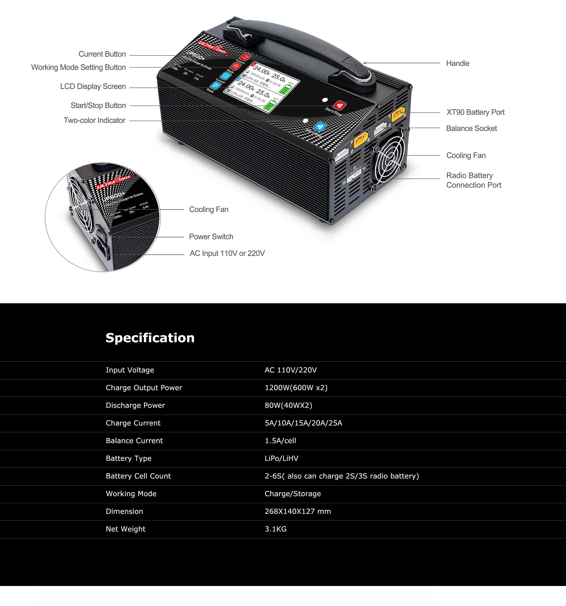 Ultra Power Up600 Dual Channel 600w 25a 2-6s Lipo Balance Charger For ...