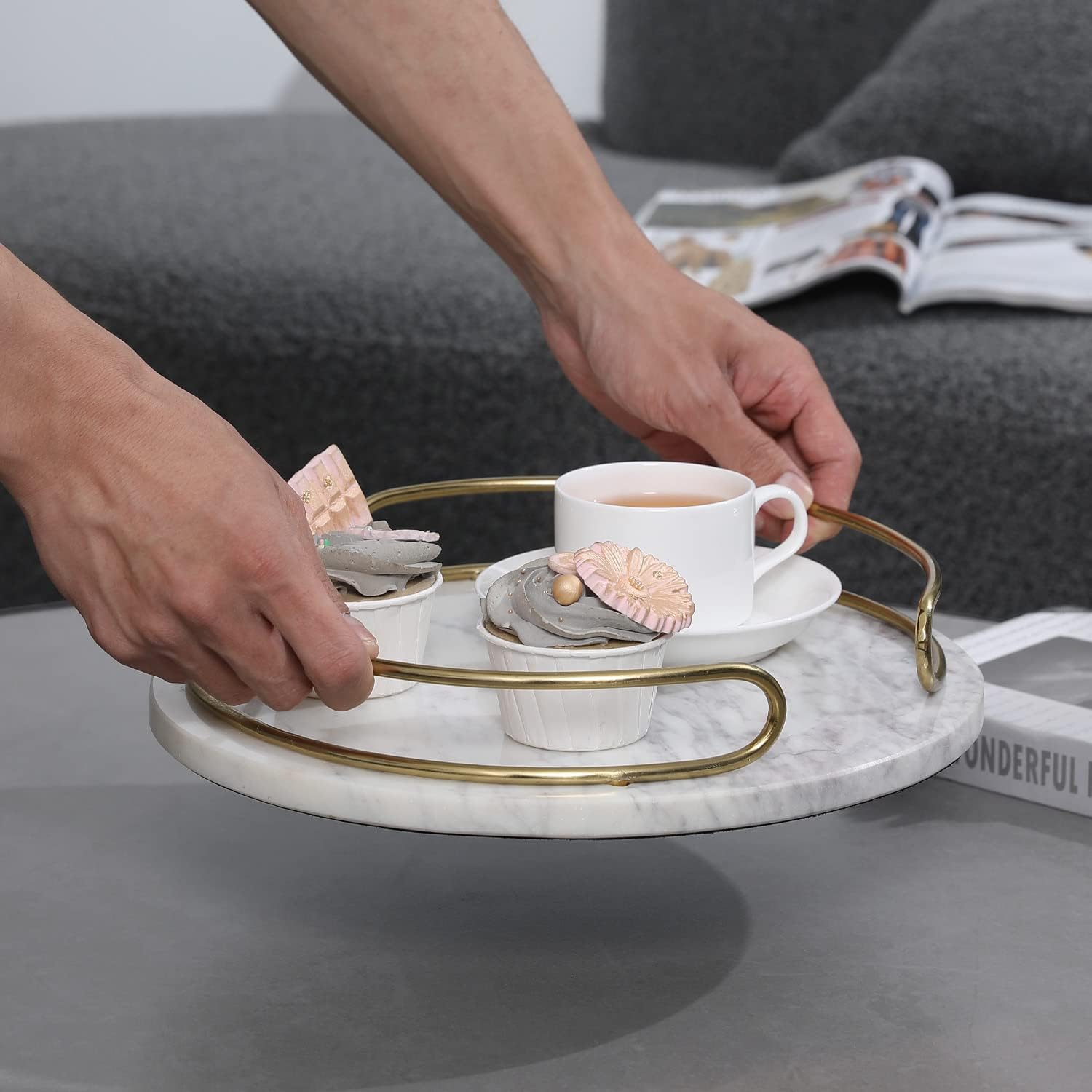 White Round Marble Serving Tray With Metal Handles, High Quality White ...