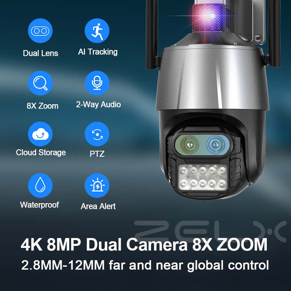 8mp 4k Wifi Dual Lens Security Camera With 8x Zoom, Anti-theft Alarm ...