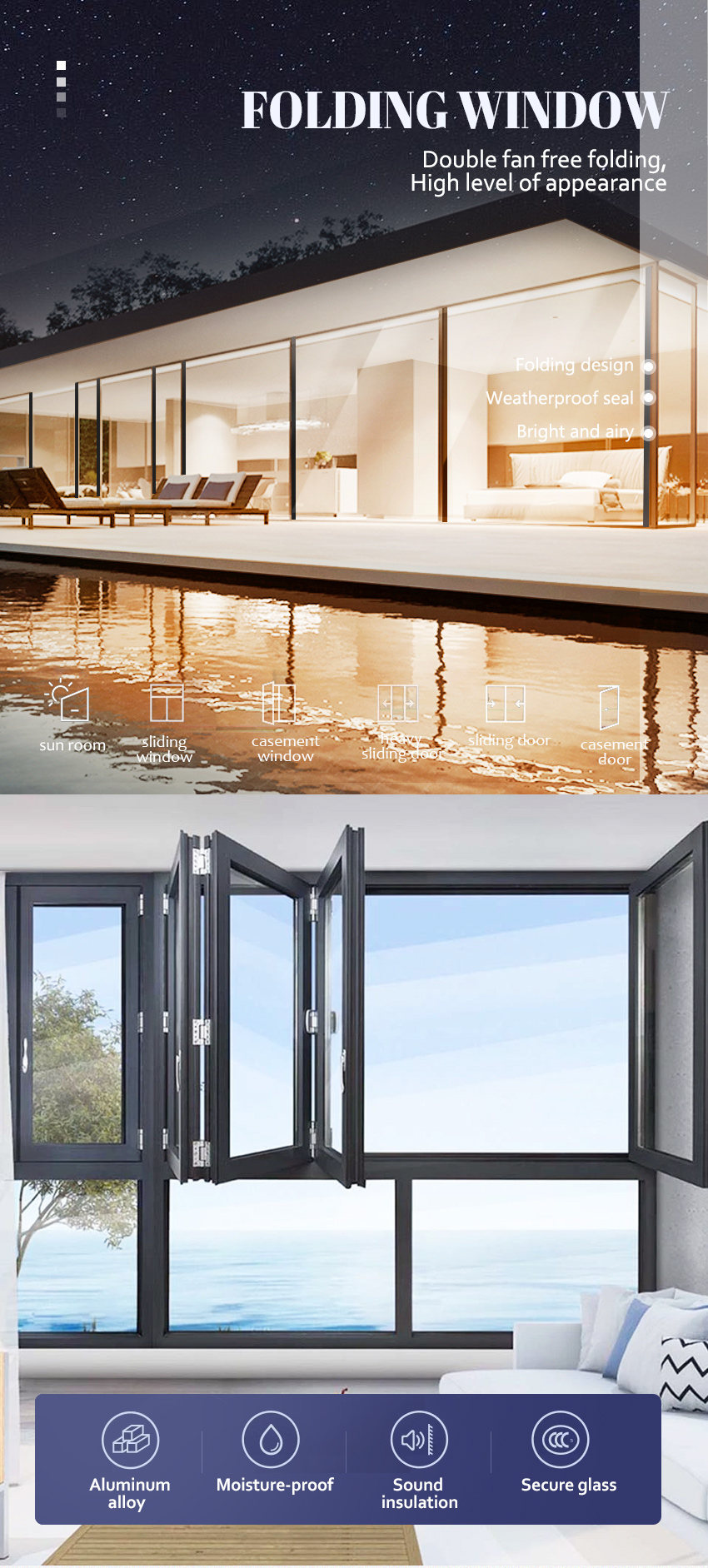 Soundproof Bi-fold Double Glazed Aluminum Folding Balcony Windows, High ...