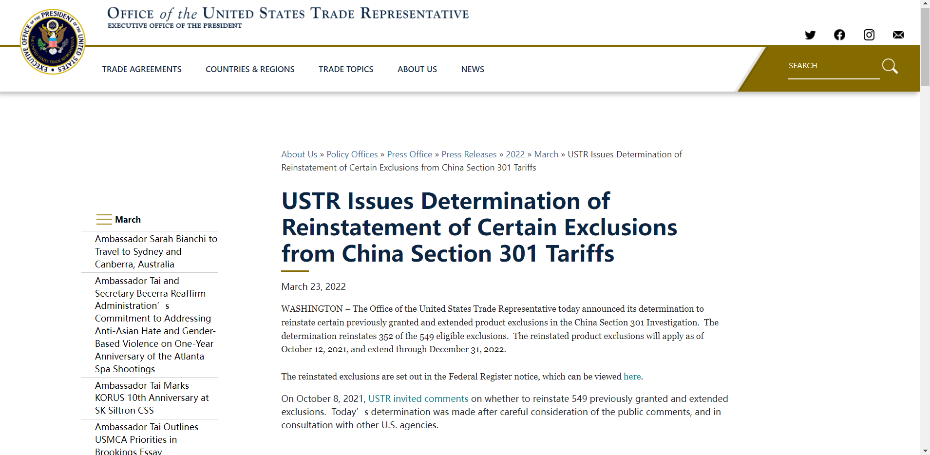 USTR Issues Determination of Reinstatement of Certain Exclusions from ...