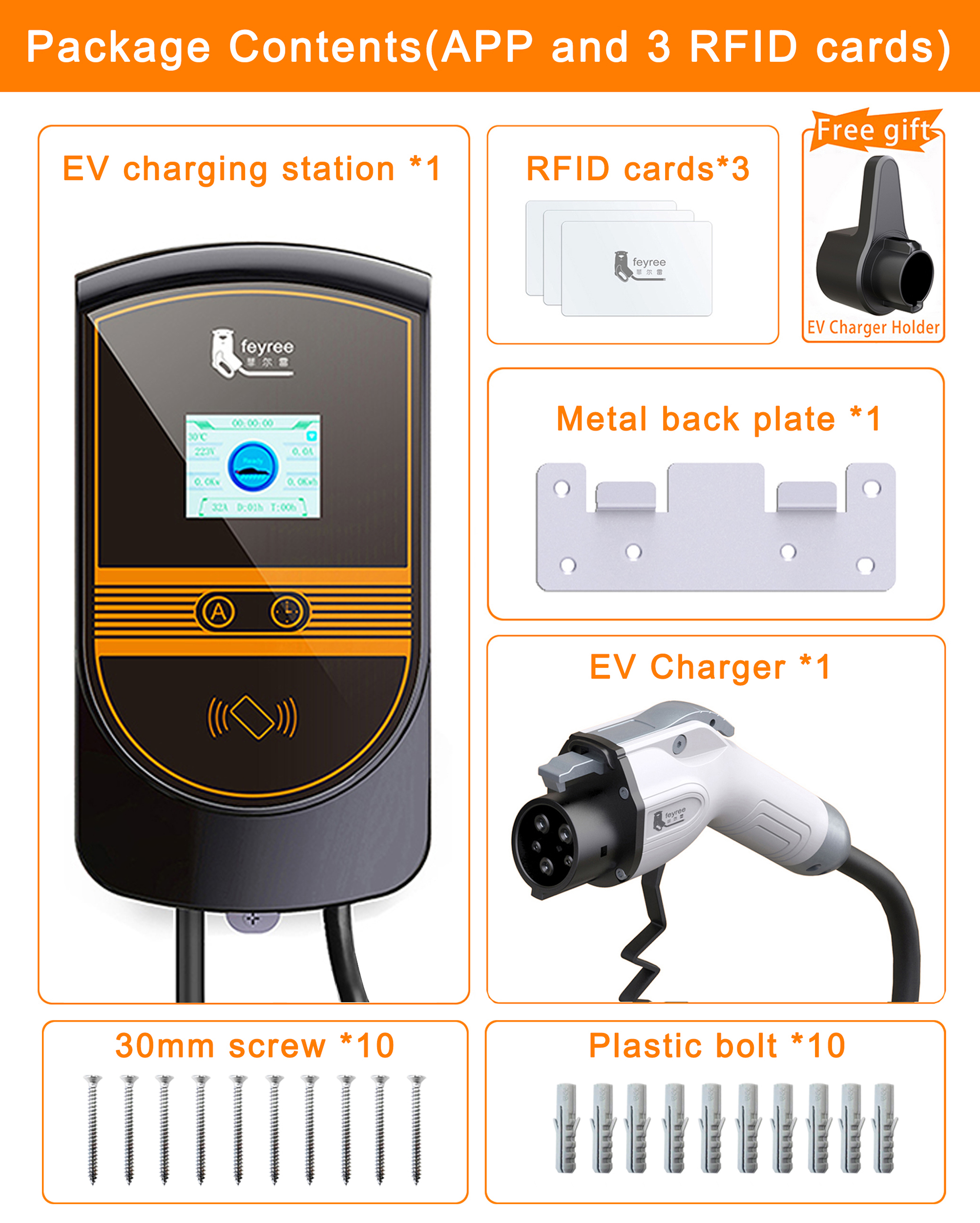 Feyree Selectable 16a 11kw Obc Level 2 Ac Ev Charger Gun For Hands-free ...