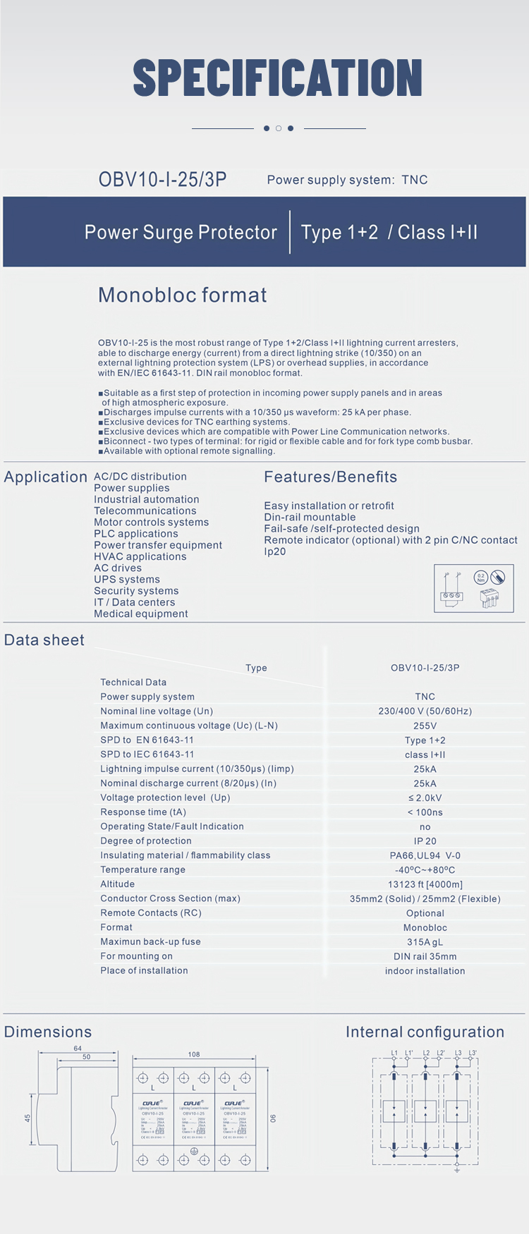 Ac Surge Protection Device T1 T2 385 Three Phase Spd 3 Poles 25ka 40kw ...