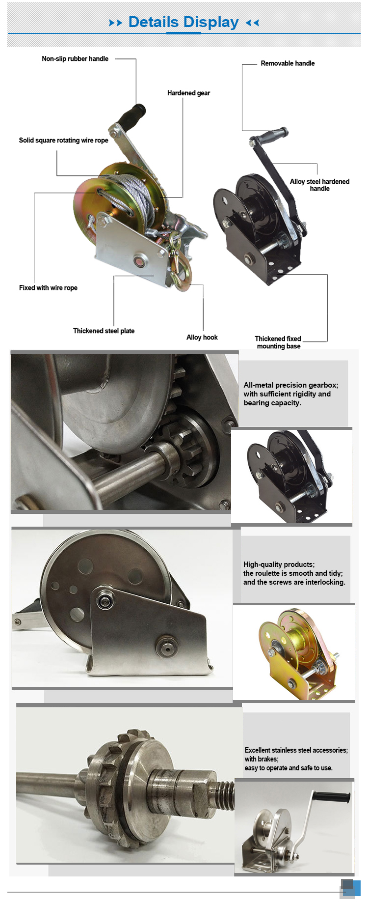 Stainless Steel Reversible Manual Hand Winch 1800 Lbs Lift Capacity ...