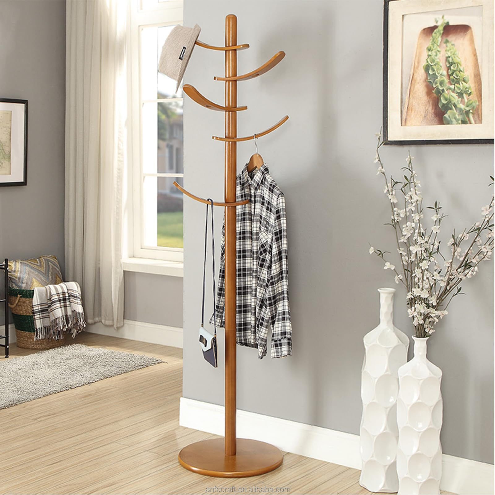 8-hook Freestanding Wood Coat Rack With Height Options For Easy ...