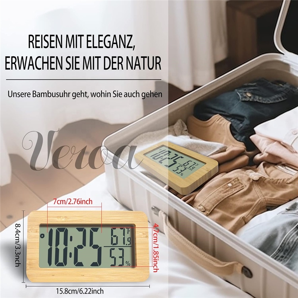 Battery Operated Lcd Smart Thin Digital Bamboo Wooden Table Wall Clock ...