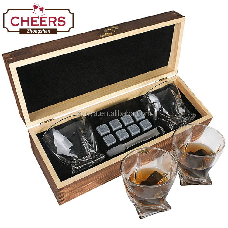 Whiskey Stones Gift Set: 8 Chilling Rocks, 2 Crystal Glasses, Velvet ...