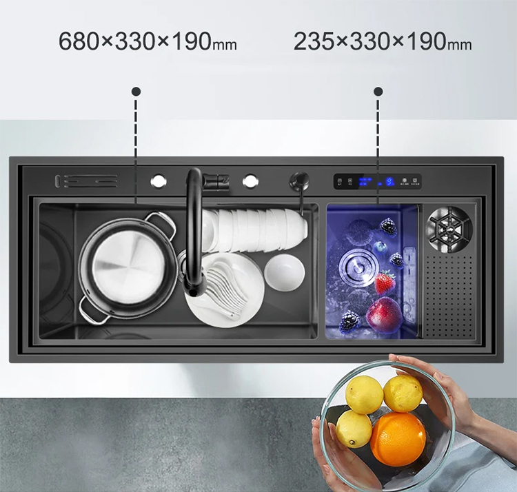 Ultrasonic Kitchen Sink Cleaner: 3-in-1 Black Stainless Steel Sink For ...