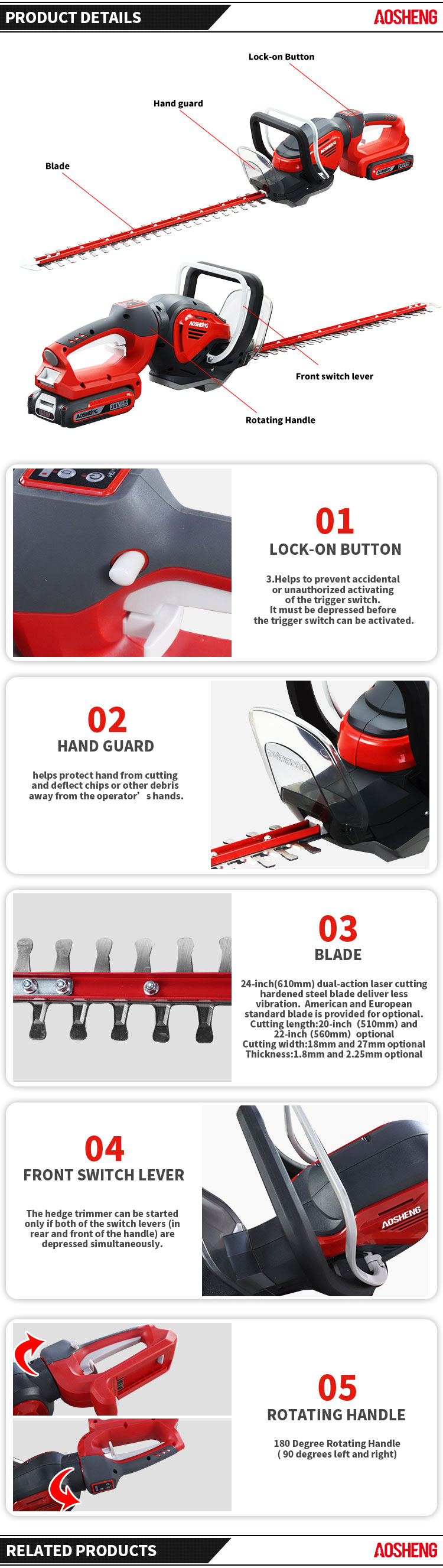 Aosheng 40v Lithium-ion Cordless Electric Hedge Trimmer, High Quality ...