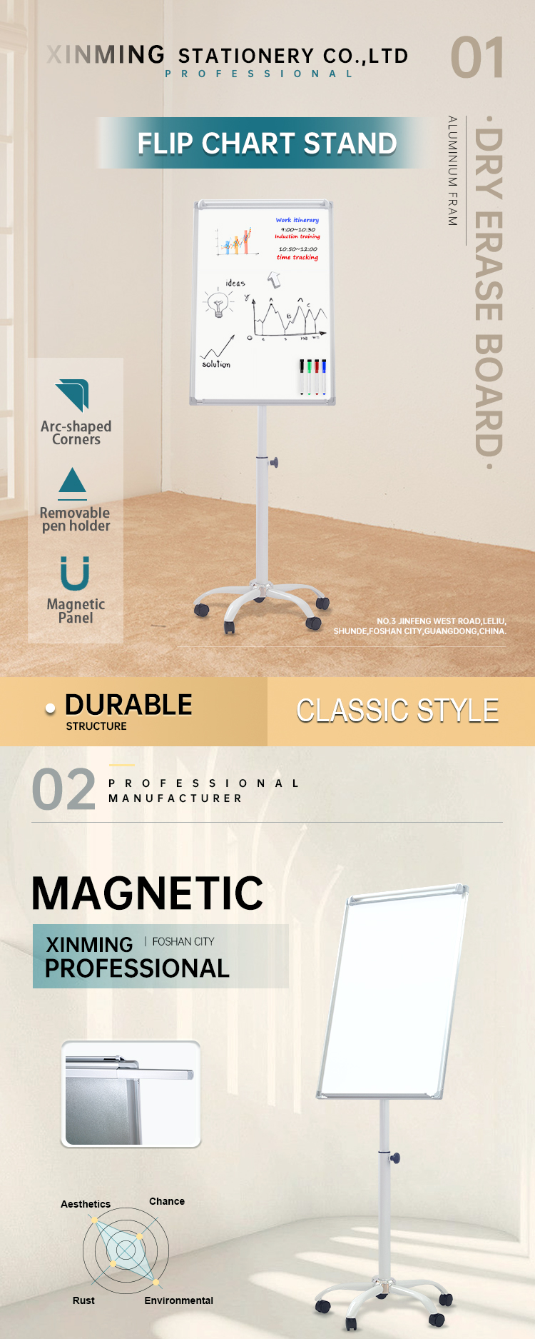 Height Adjustable Aluminium Frame Magnetic Whiteboard Flip Chart Board ...