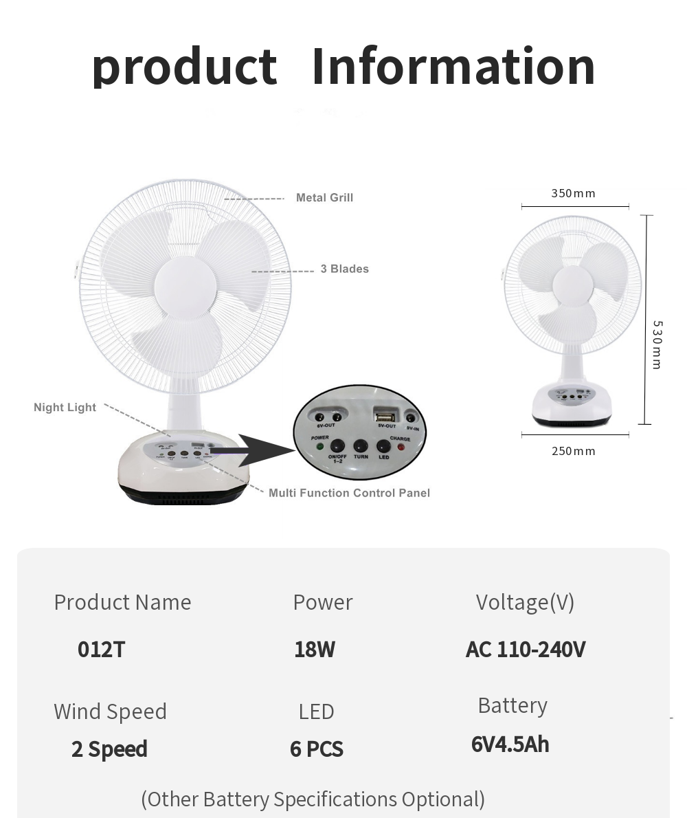 12 Inch Ac Dc Rechargeable Solar Desk Fan With Two Bulbs For Small Home ...