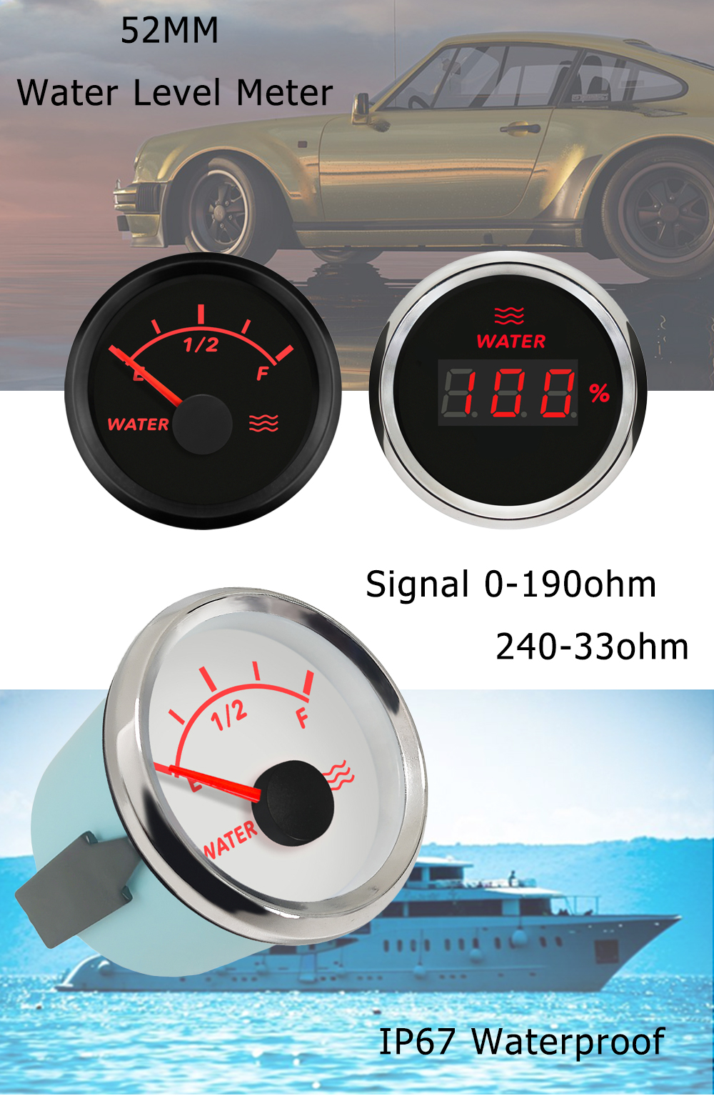 Eling 52mm Digital Water Level Meter - Ohm Signal Gauge For 12v/24v ...