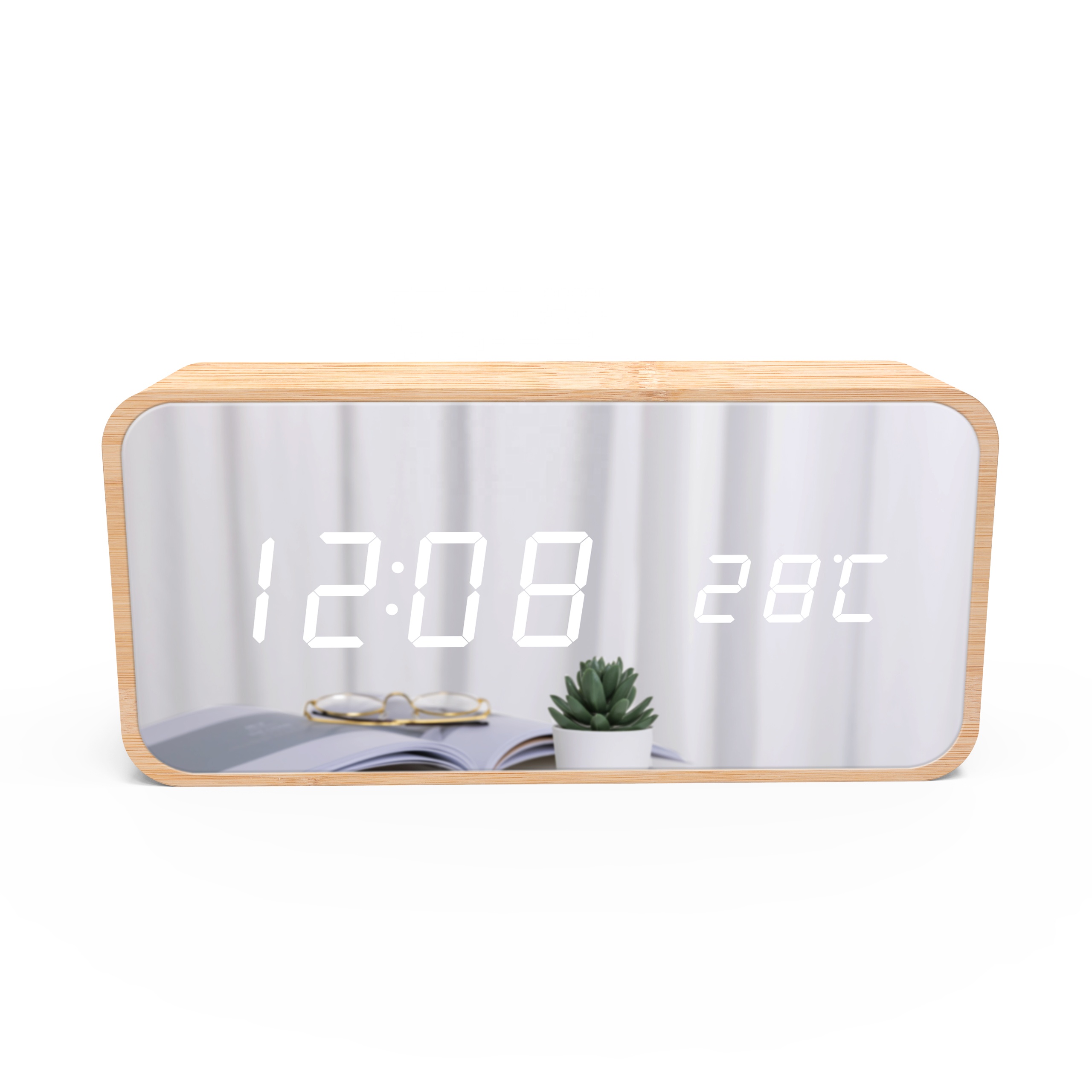 Mdf Led Mirror Clock Smart Alarm Table Clock With Temperature Bamboo ...