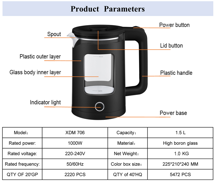 1.5l Electric Kettle With Blue Indicator, High Boron Glass, 1360w, High ...