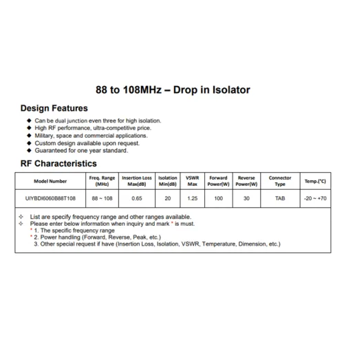 88~108mhz For Intercom Satcom Rf Drop In Isolator 5g Isolator, High ...