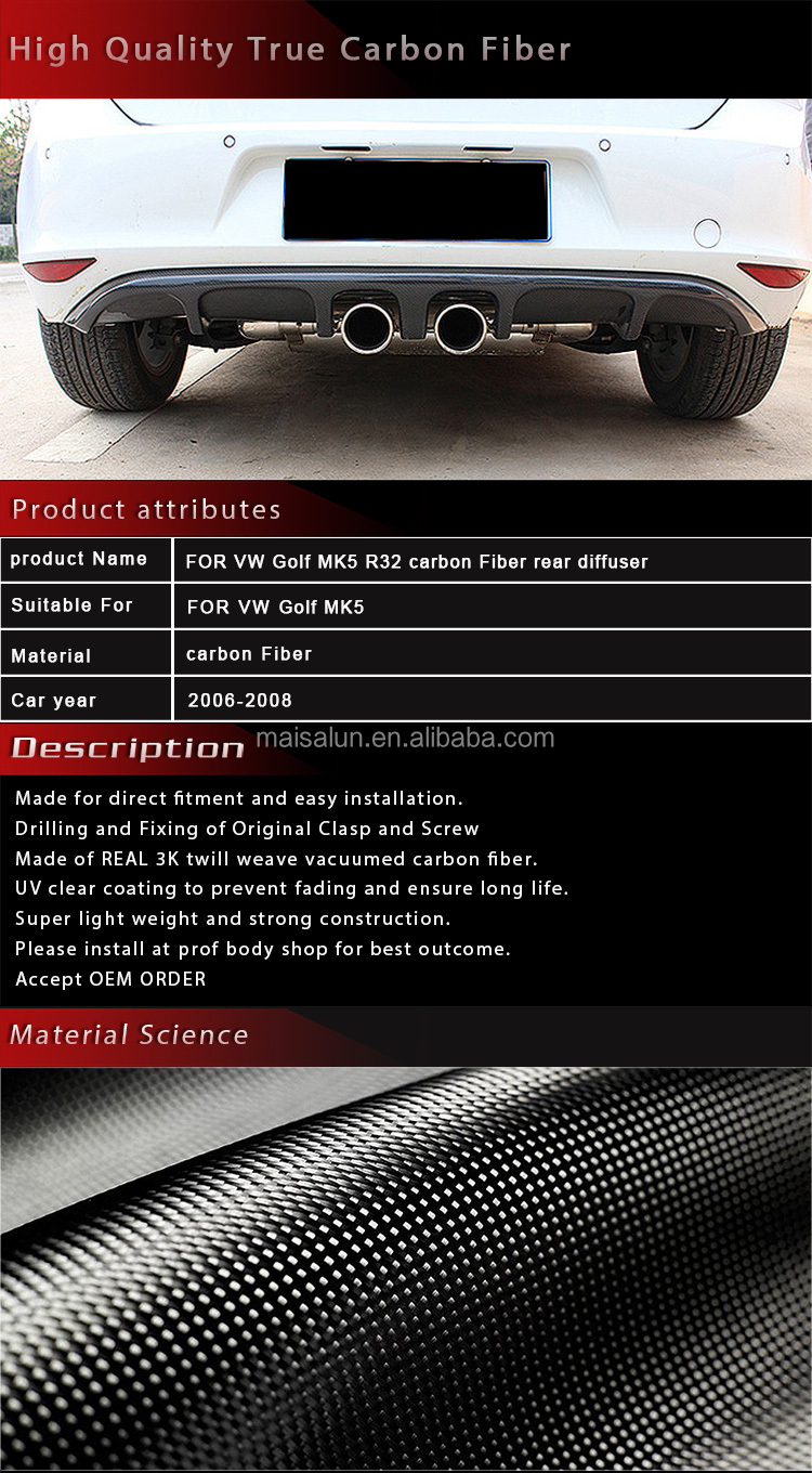 R32 Style Carbon Fiber Rear Bumper Diffuser For Volkswagen Golf Mk5 Mkv ...