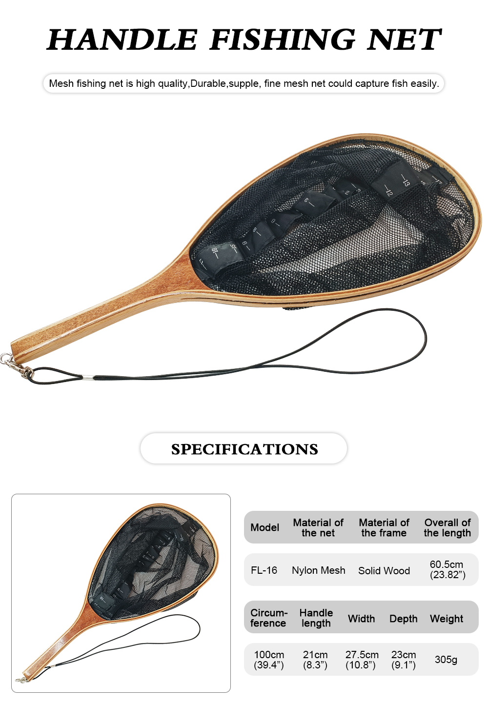 Nylon Mesh Solid Wood Handle Fishing Net - Newbility New Design, High ...