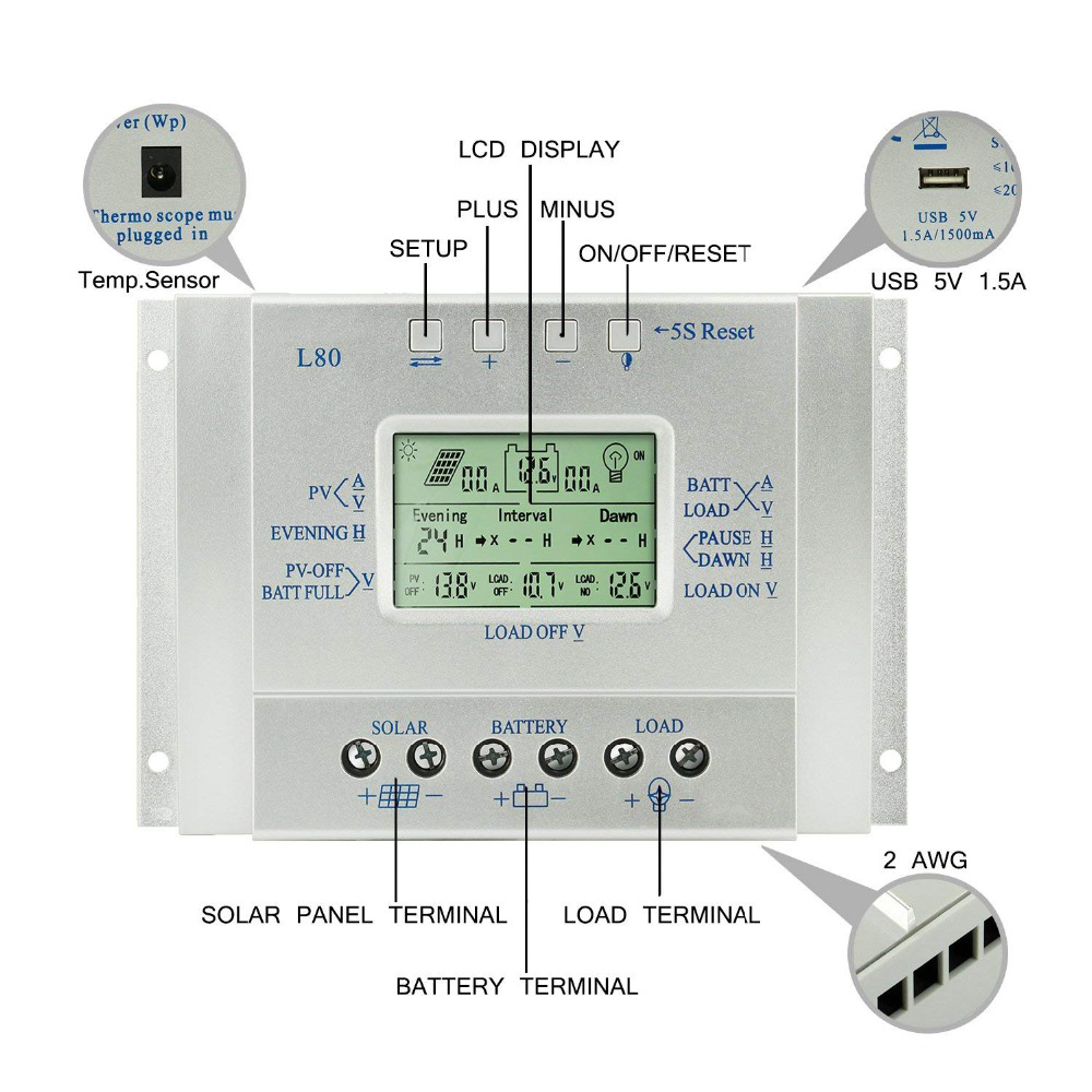 80a Solar Charger Controller Usb 1.5a 5v Output 12v 24v Lcd Solar Panel ...