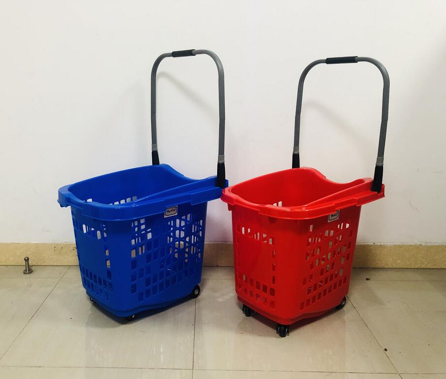 Red 45l Plastic Wheel Rolling Shopping Baskets - New Design Pw627, High ...