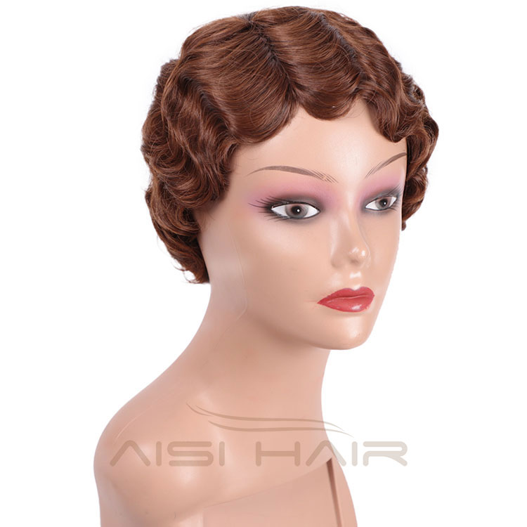 Wigs Short Curly Nanu Finger Wave Hair Wigs Pixie Cut Brown Synthetic ...