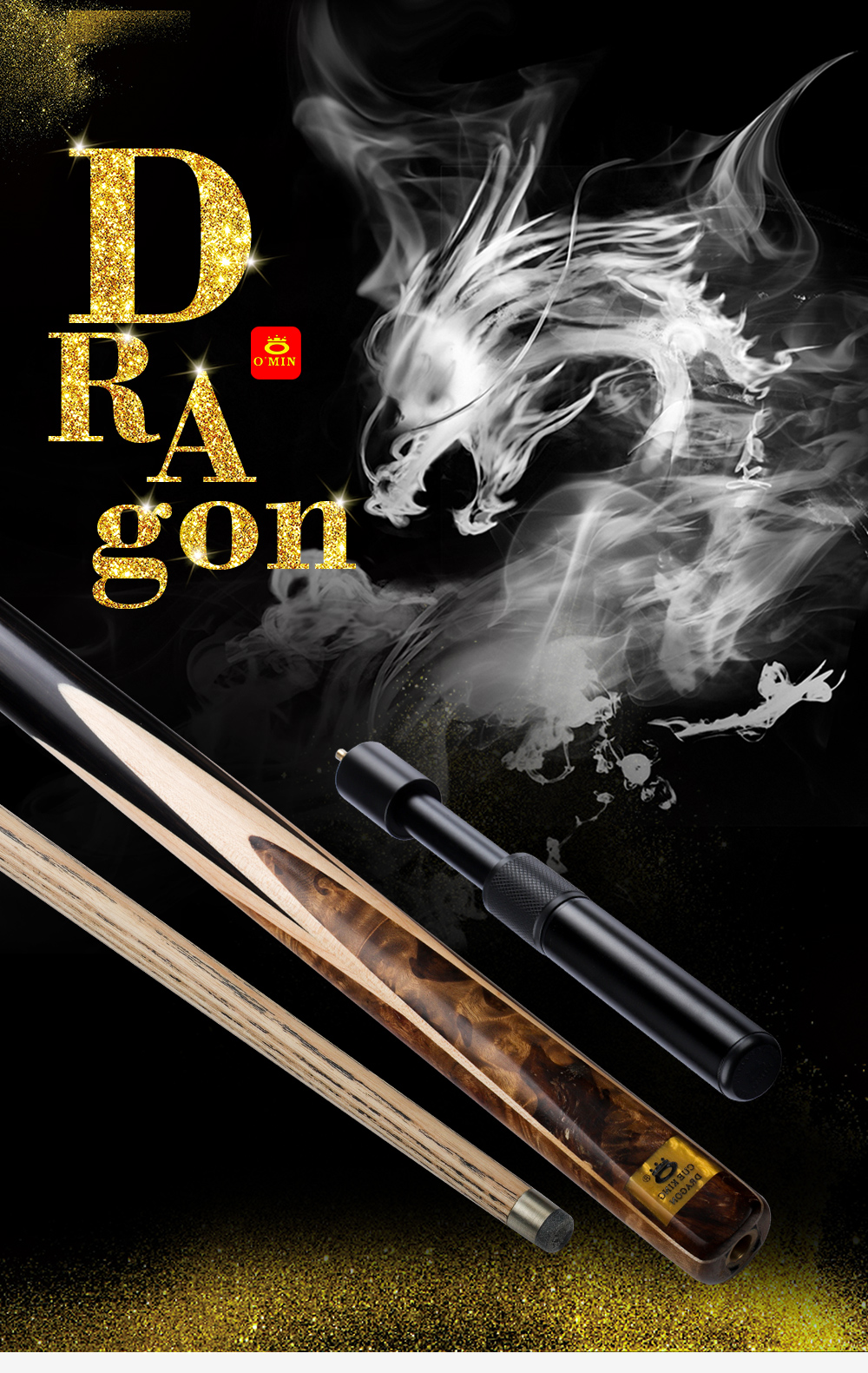 Original O'min Dragon Billiard Snooker Cue 9.5mm Tip Tabby Maple Shadow ...