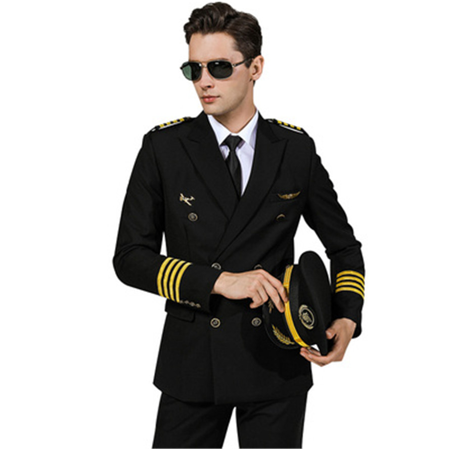 New Captain Airline Pilot Costume Army Uniform Coat+pants Black ...