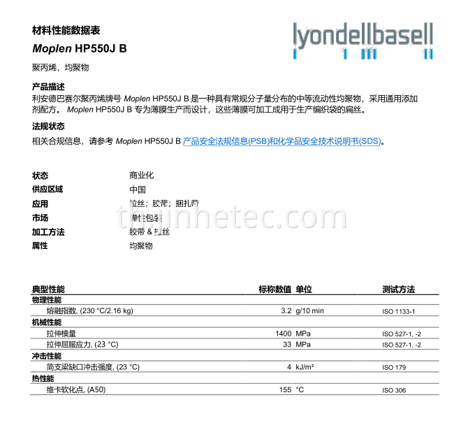 ผู้ผลิตในจีน Lyondell Basell Polypropylene Resin HP550JB