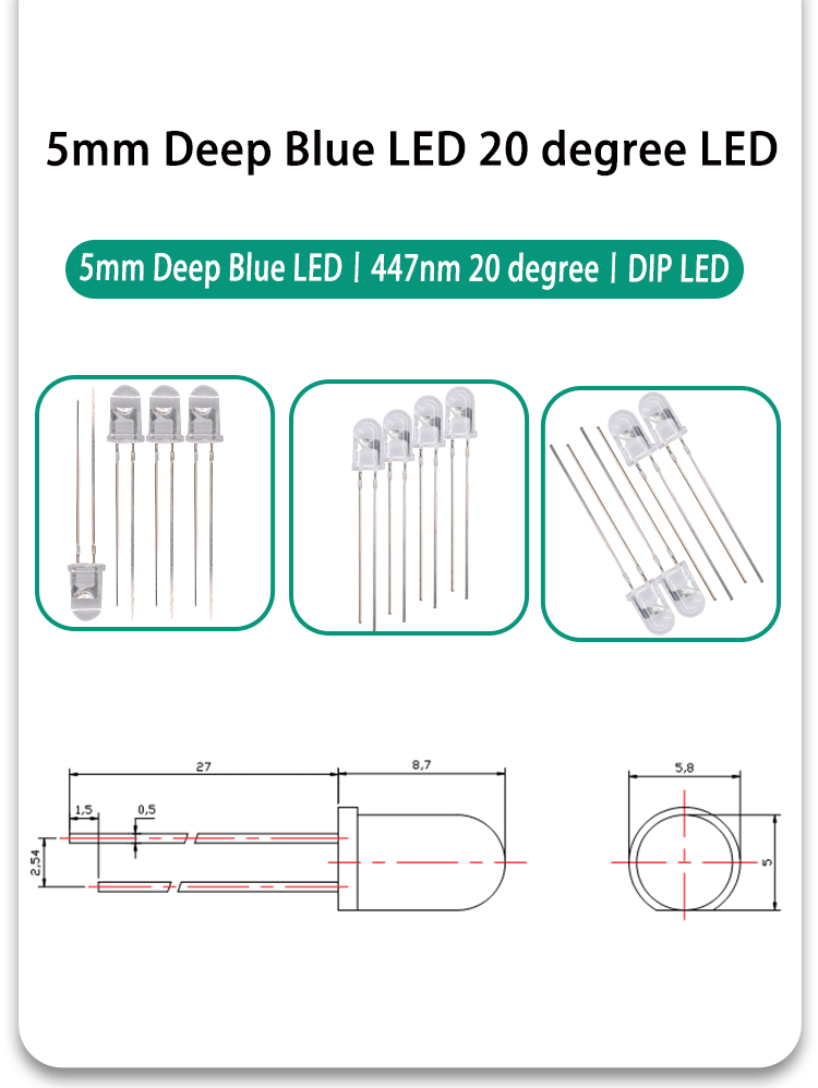 Super Bright 5mm Led สีน้ำเงินเข้ม Led 445nm คุณภาพสูง Super Bright 5mm ...