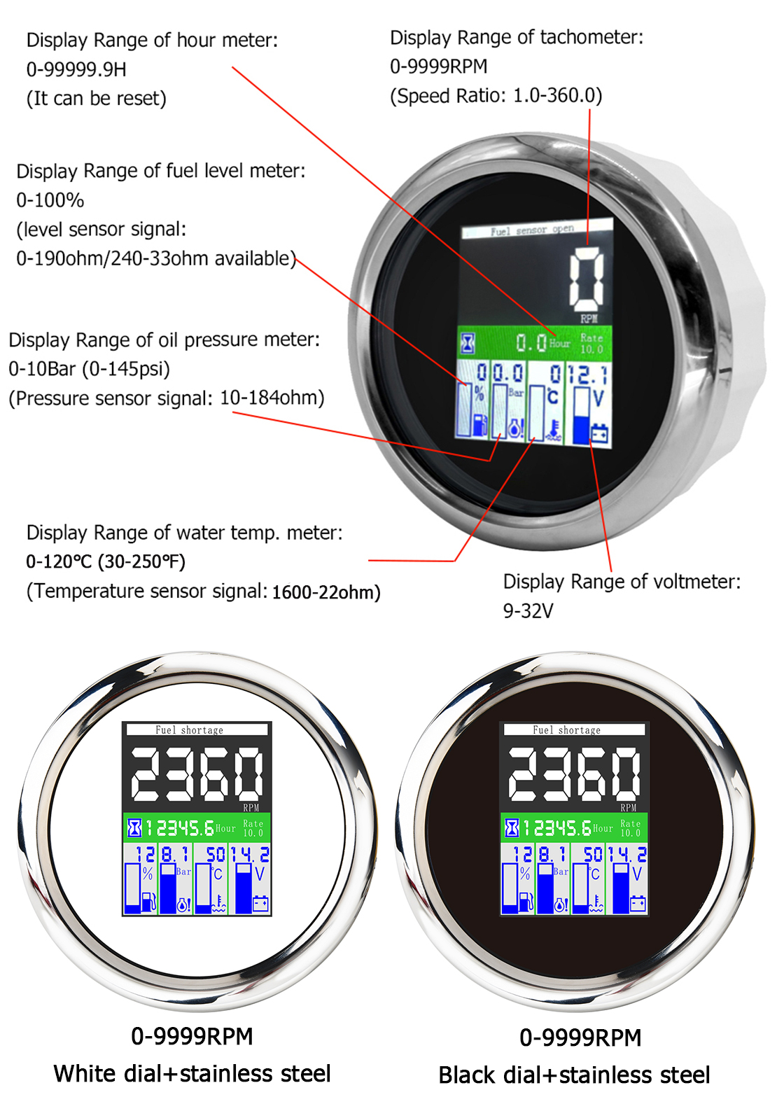 Eling Digital Multi-function Gauge Tachometer For Boats, Utvs, And Rvs ...
